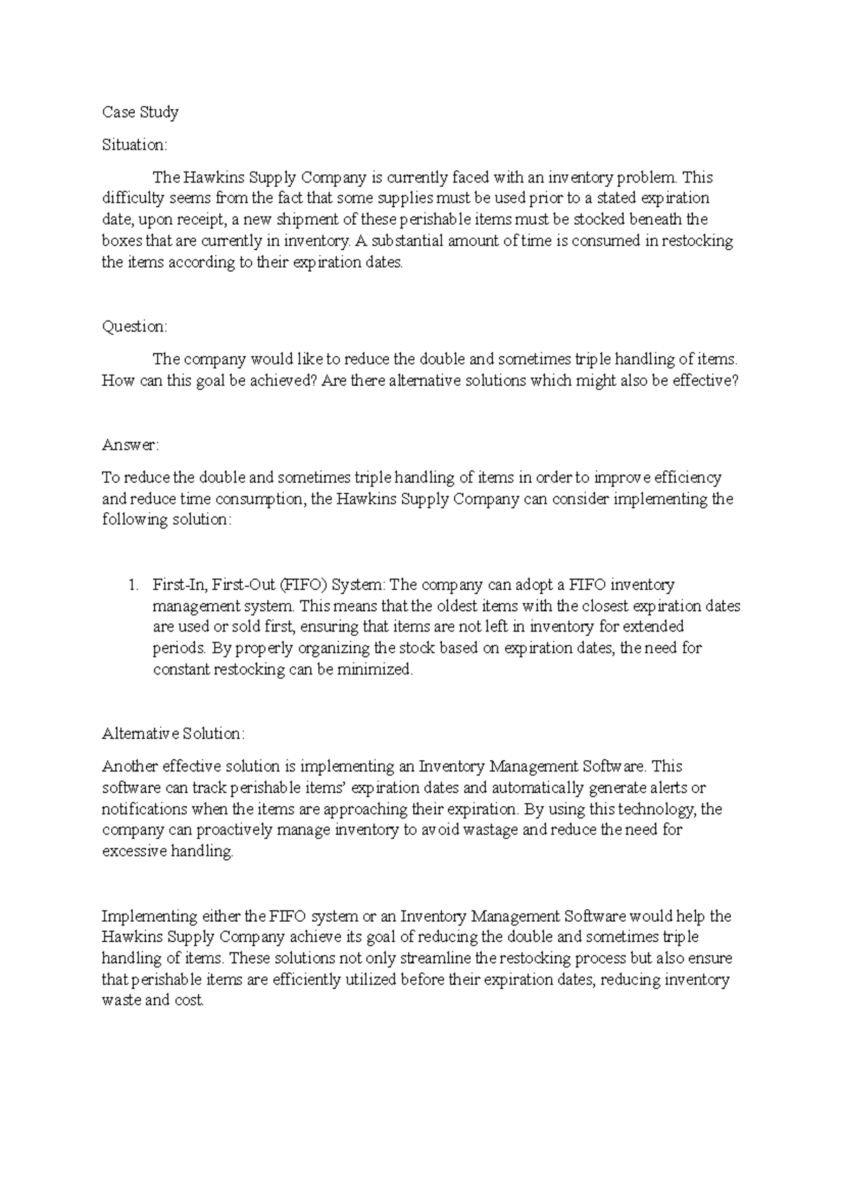 Case Study: Inventory Management Solutions for Hawkins Supply Co. - Studocu
