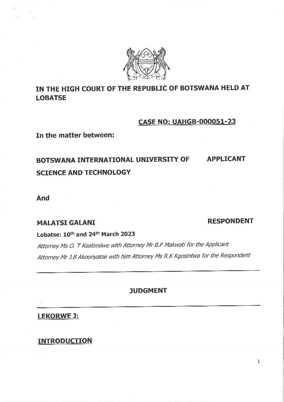 BIUST v Galani: Urgent Application for Interdict and Confidentiality ...