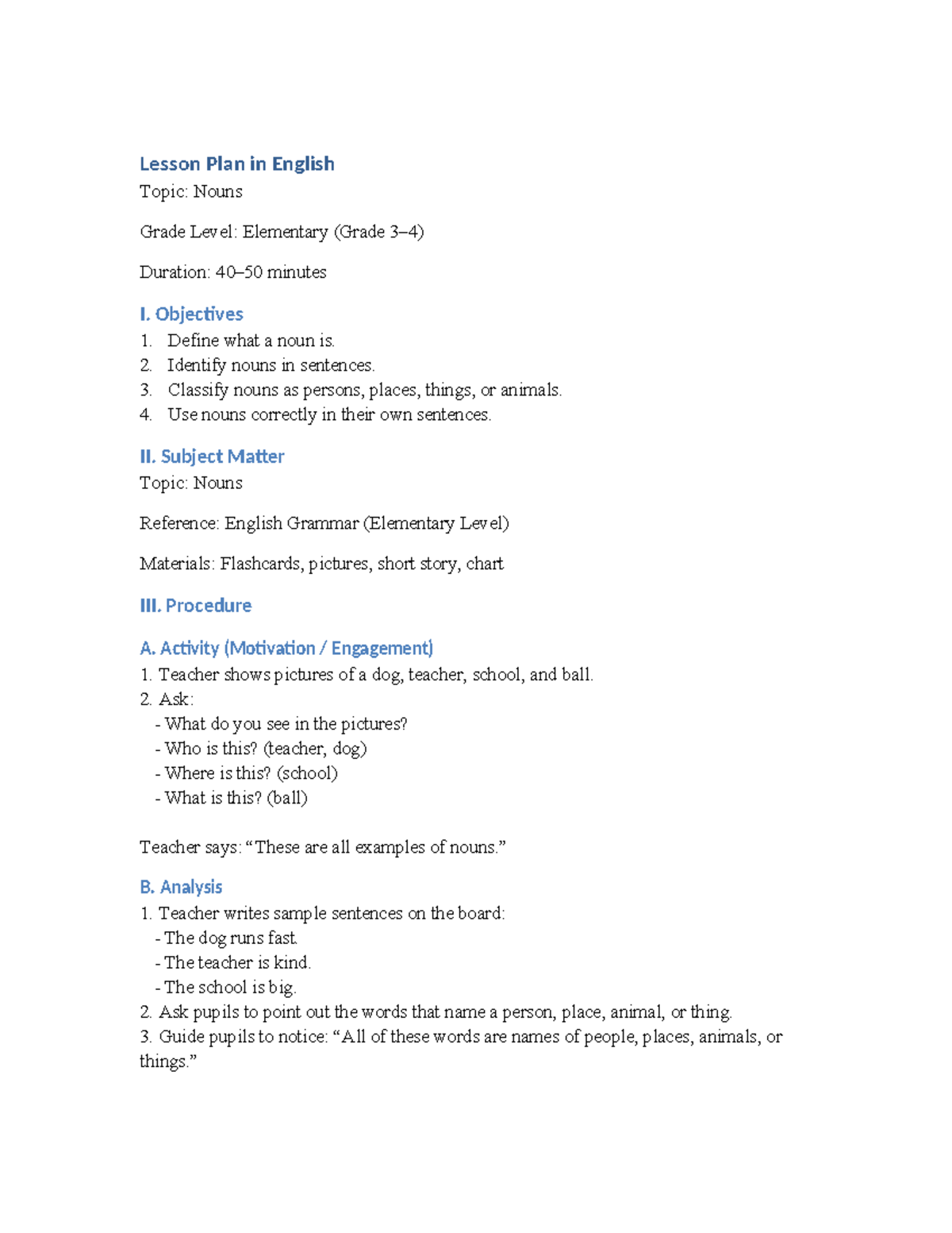 Lesson Plan: Understanding Nouns for Elementary Students - Studocu