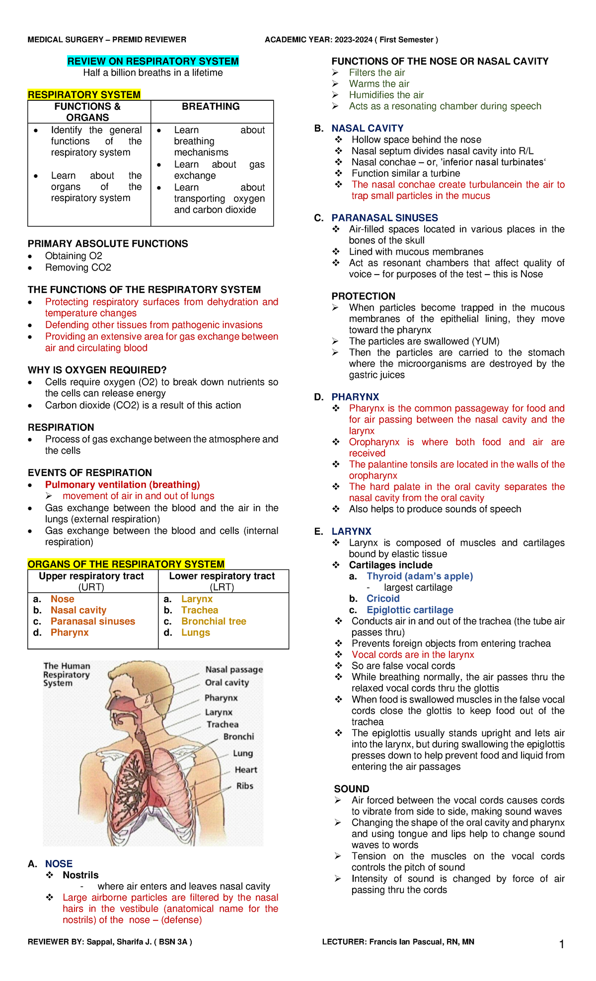 NCM 112 - Comprehensive Review on the Respiratory System - Studocu