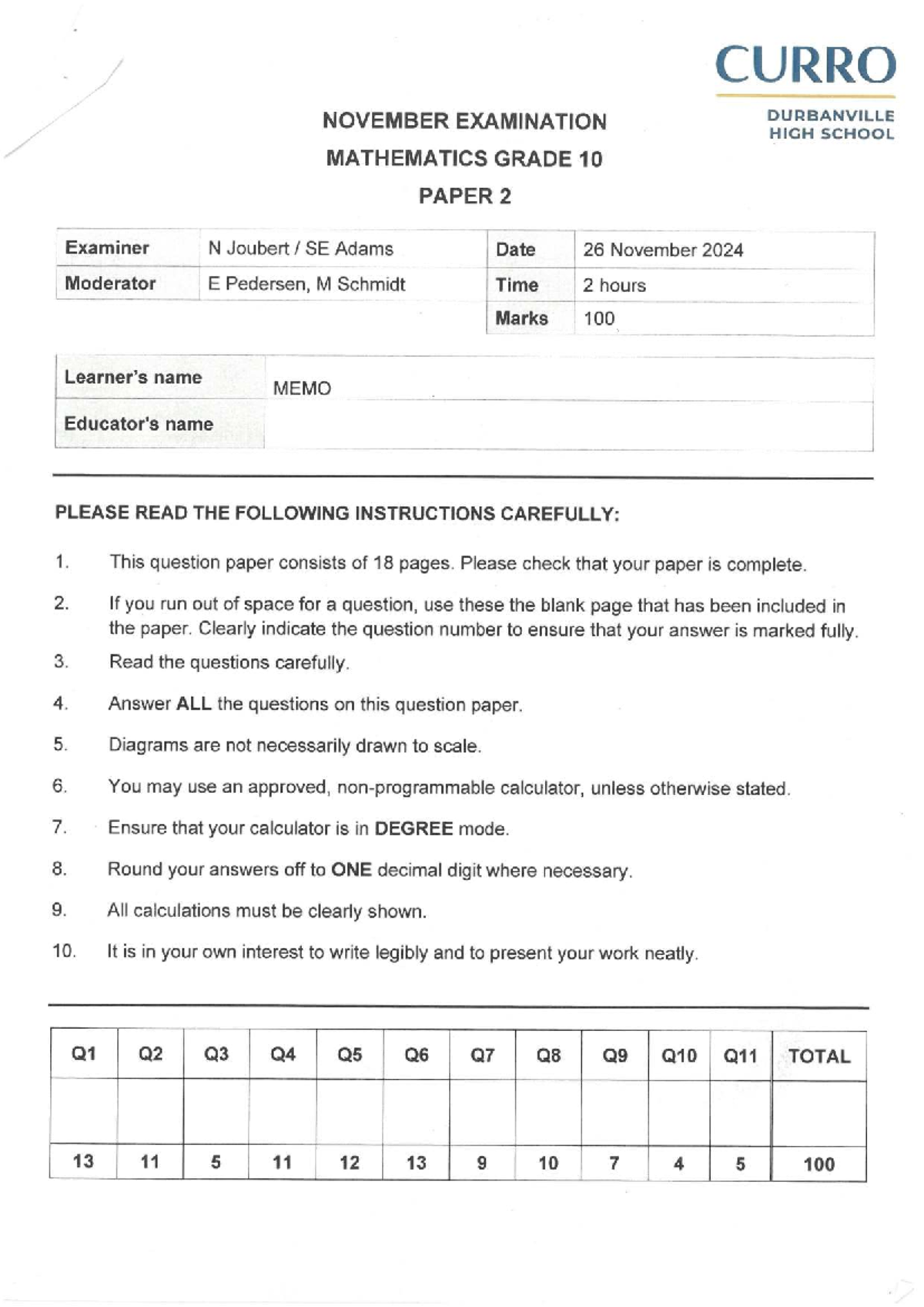 Gr10 Mathematics P2 Nov 2024 Examination Memo - Studocu