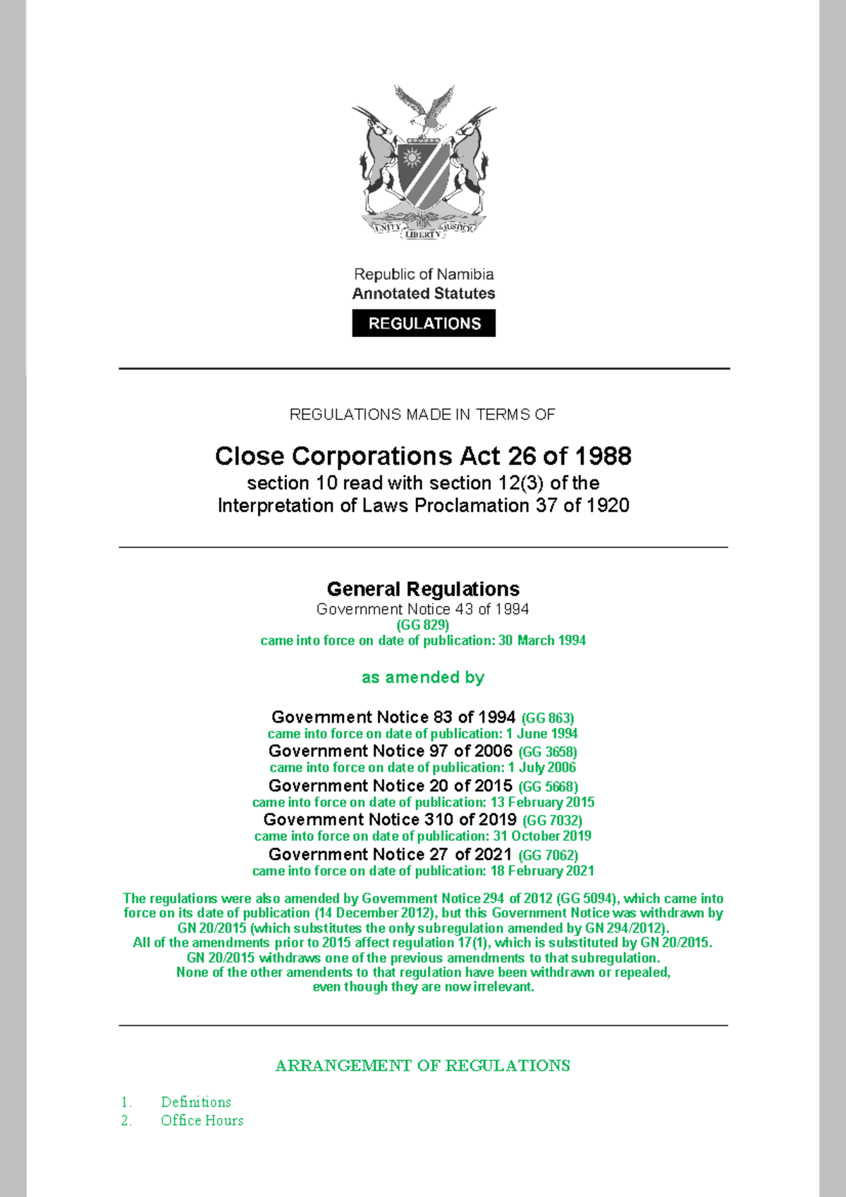 Close Corporations Act 26 of 1988: General Regulations Overview - Studocu