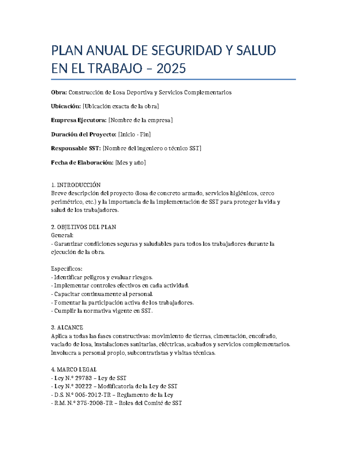 Plan Anual de Seguridad y Salud en el Trabajo 2025 - SDSADA - Studocu