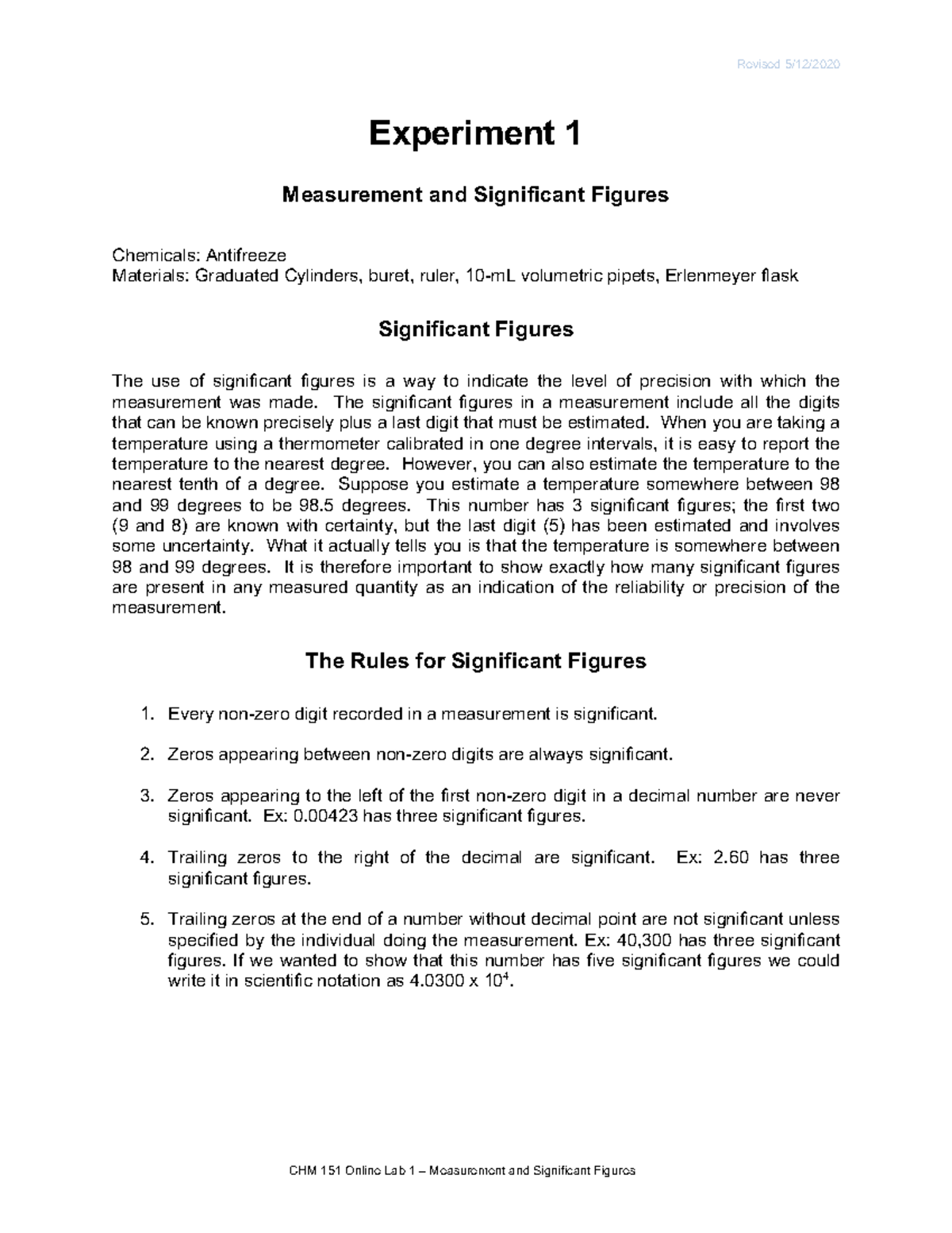 151 01 Online Lab 1: Understanding Measurement & Significant Figures ...