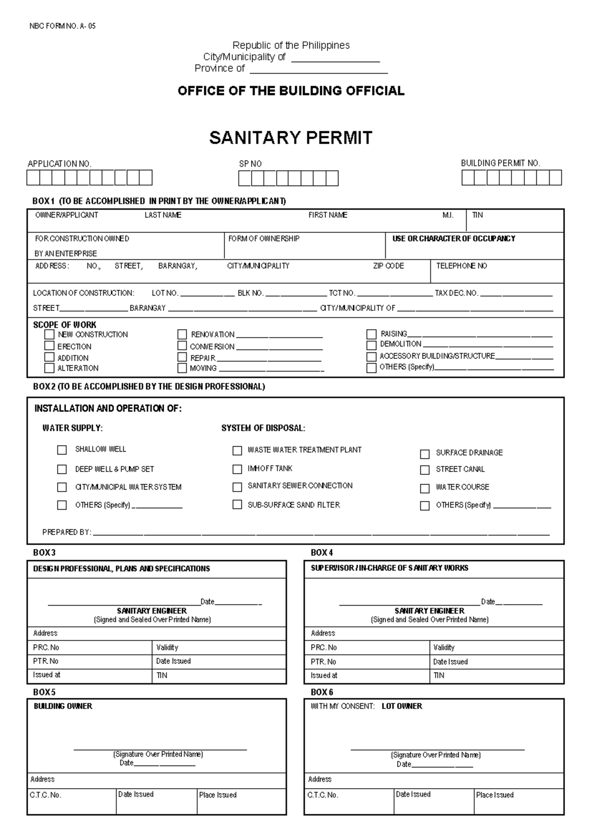 Sanitary Permit Application - NBC FORM NO. A-05 Documentation - Studocu