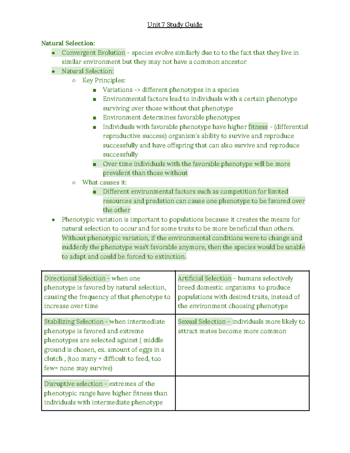 Unit 7 Study Guide: Natural Selection & Evolution Concepts - Studocu
