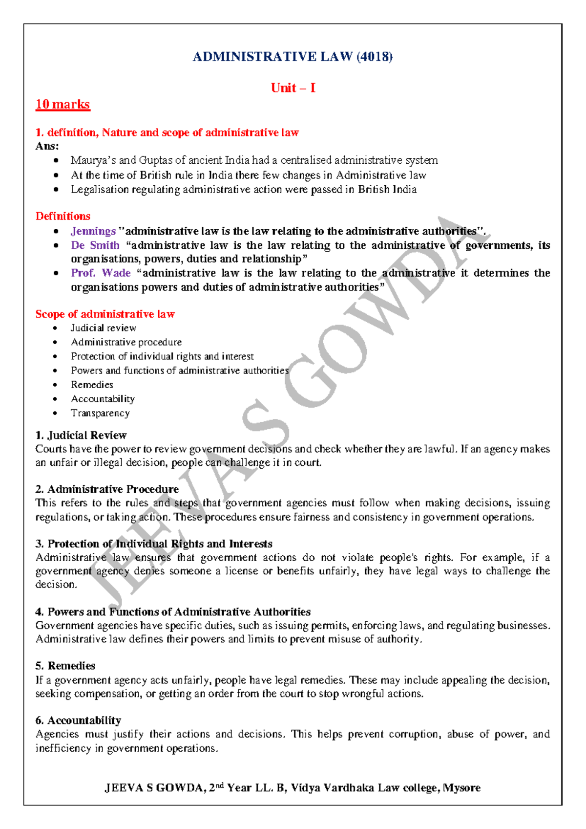 ADMINISTRATIVE LAW (4018) Unit I: Definition, Nature, and Scope of ...