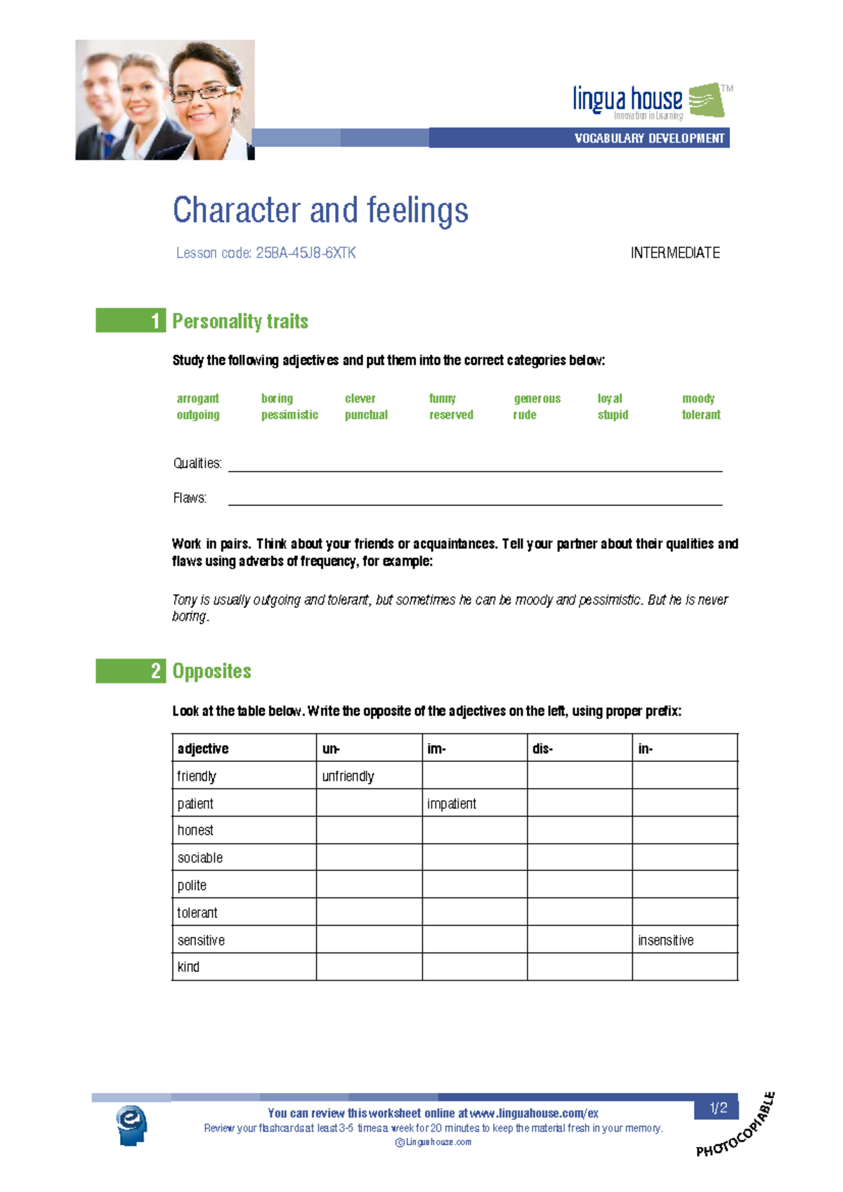 INTERMEDIATE 1: Character and Feelings Vocabulary Development - Studocu