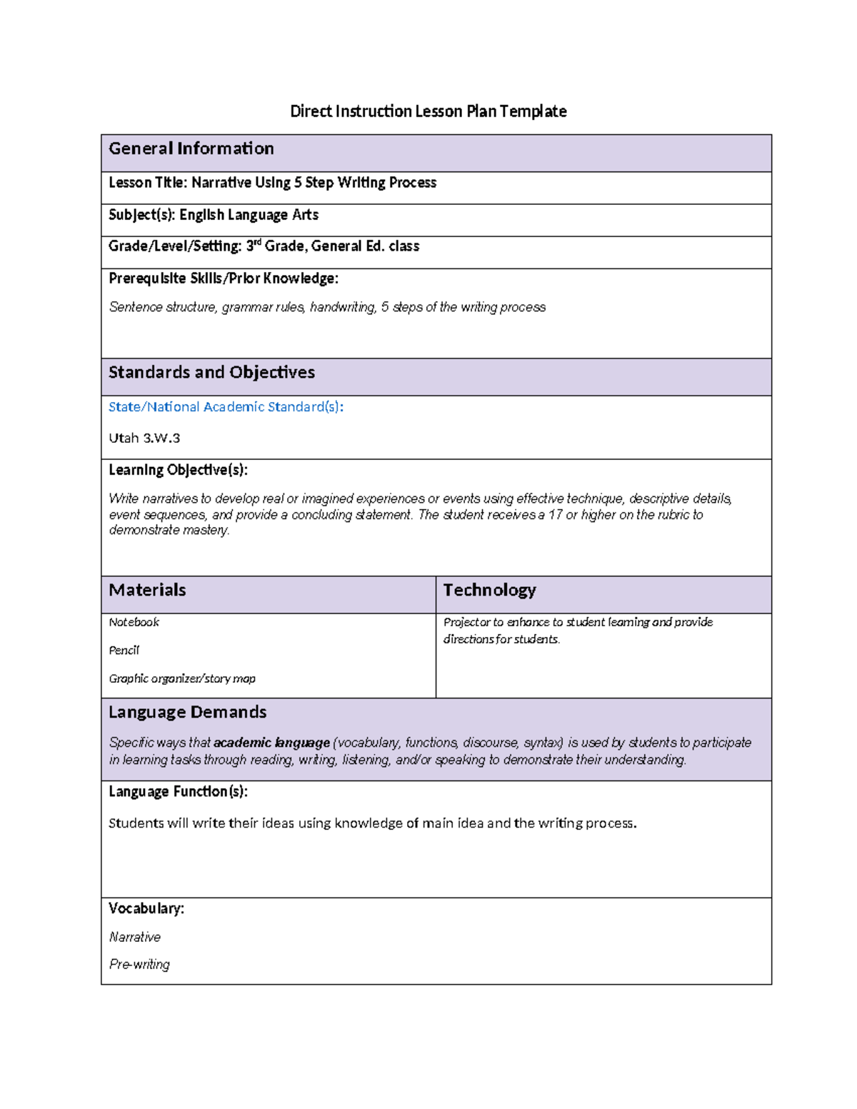C395 Lesson plan - Direct Instruction Lesson Plan Template General ...