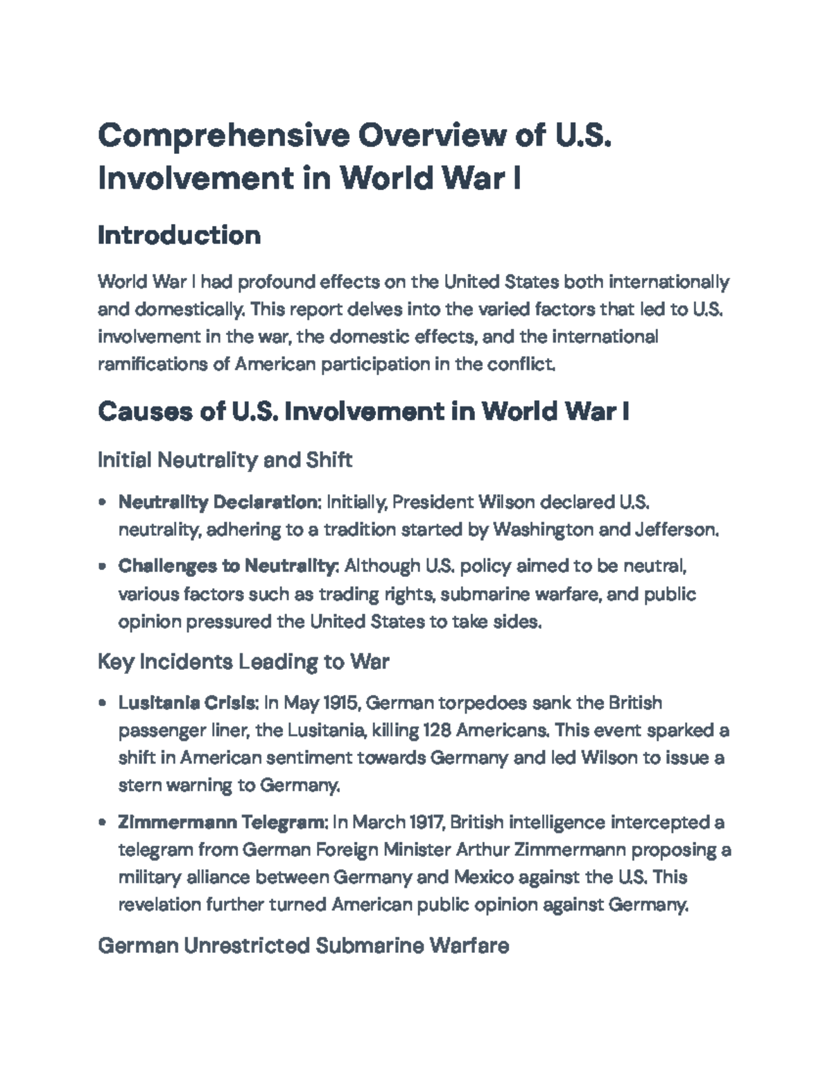 Comprehensive Analysis of U.S. Involvement in World War I ...