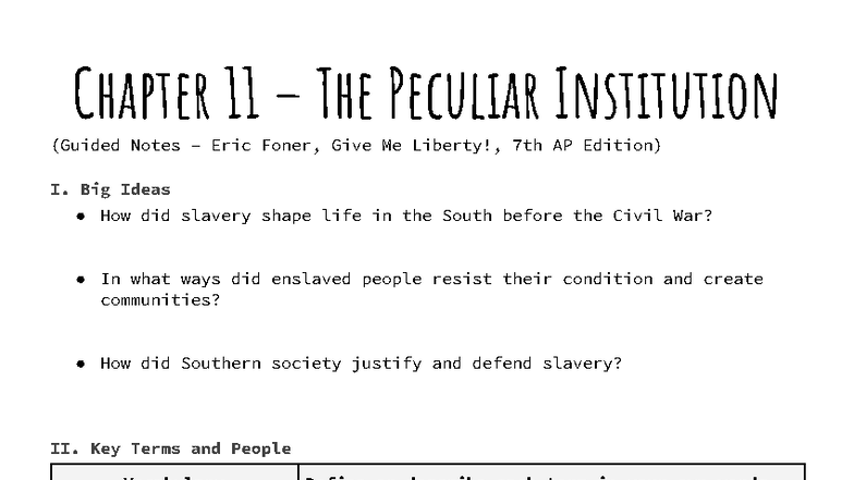 Chapter 11 Guided Notes: The Peculiar Institution (Foner, 7th AP) - Studocu
