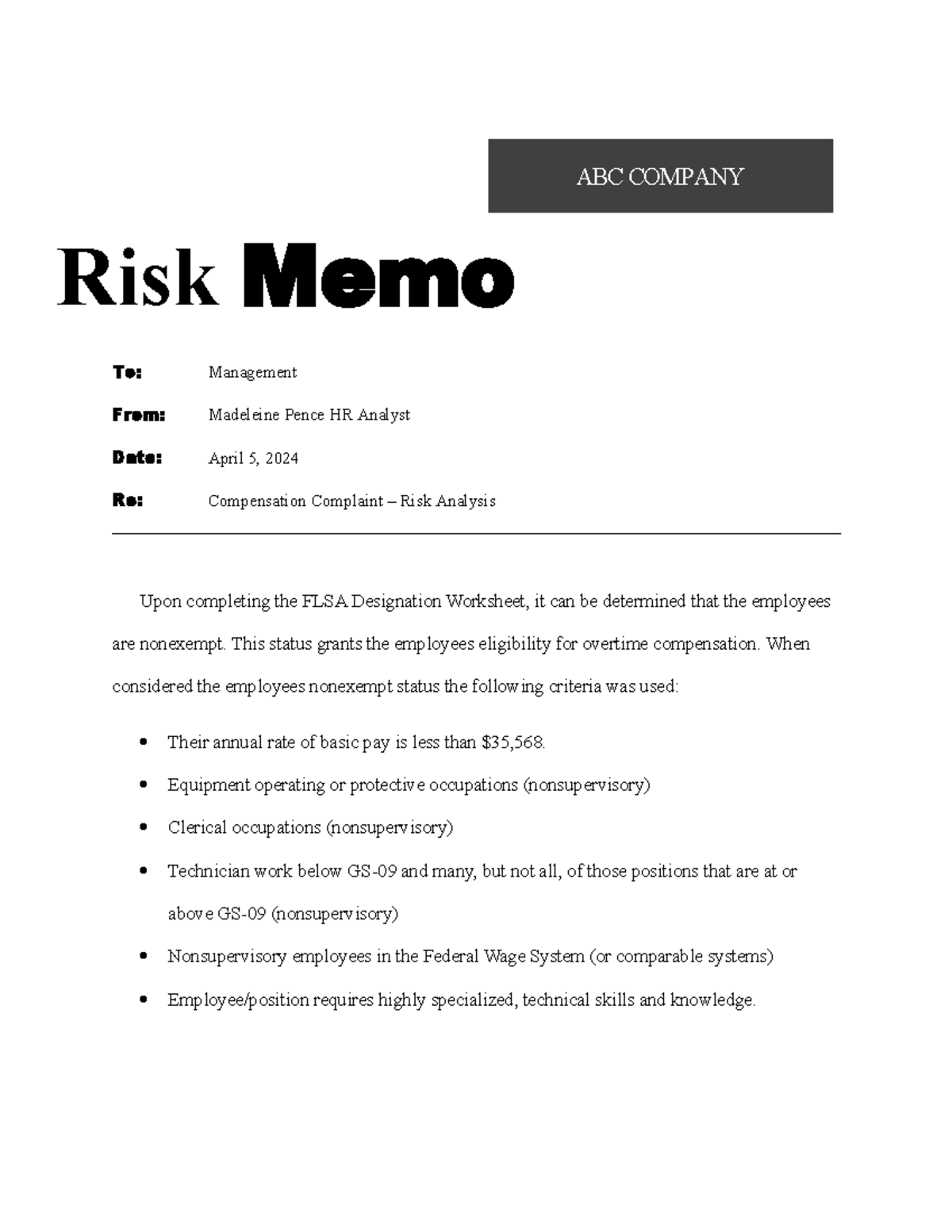 HRM225 Risk Memo: Analysis of Compensation Complaints and FLSA ...