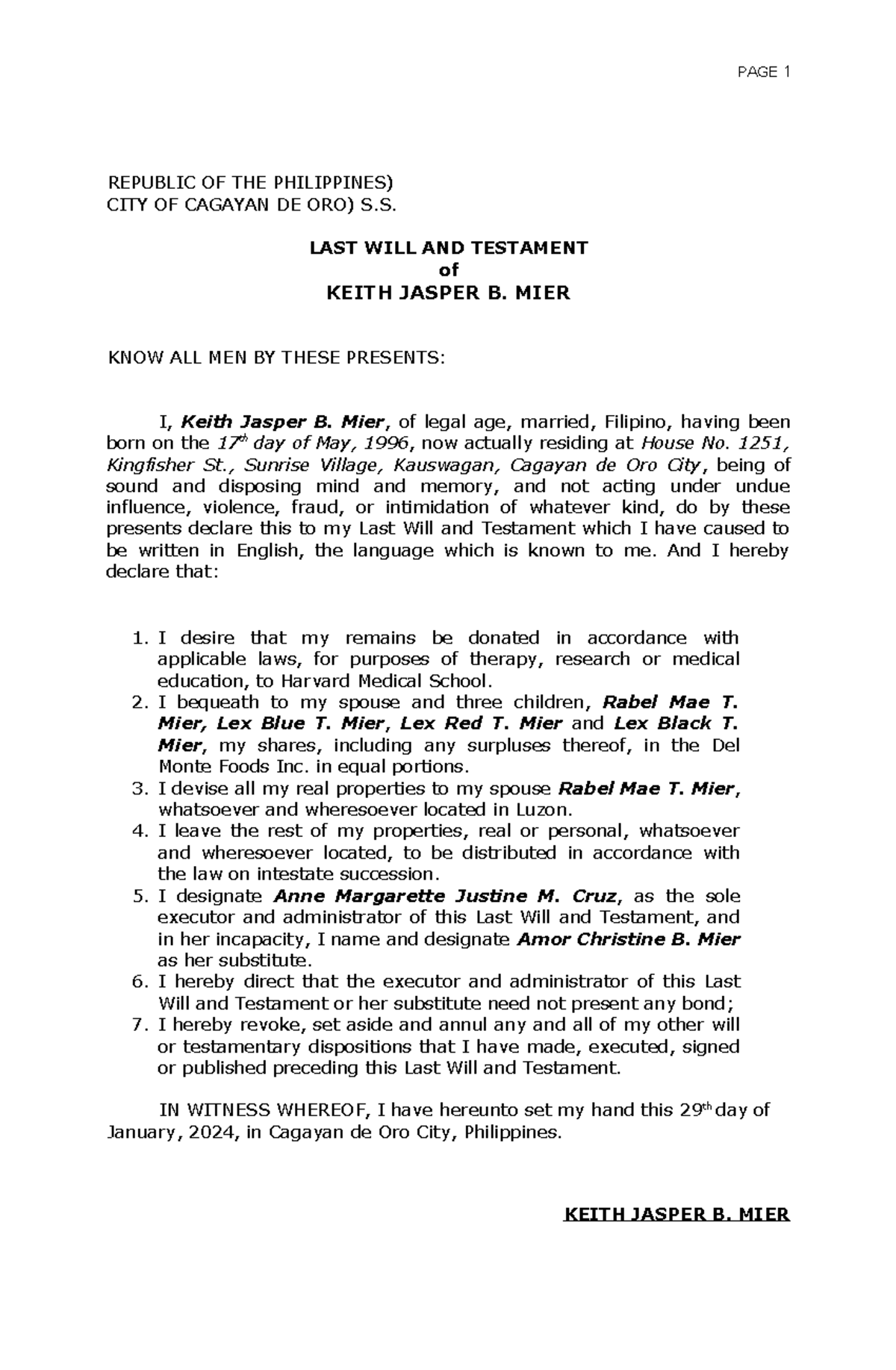 Last Will and Testament of Keith Jasper B. Mier (2024) - Studocu