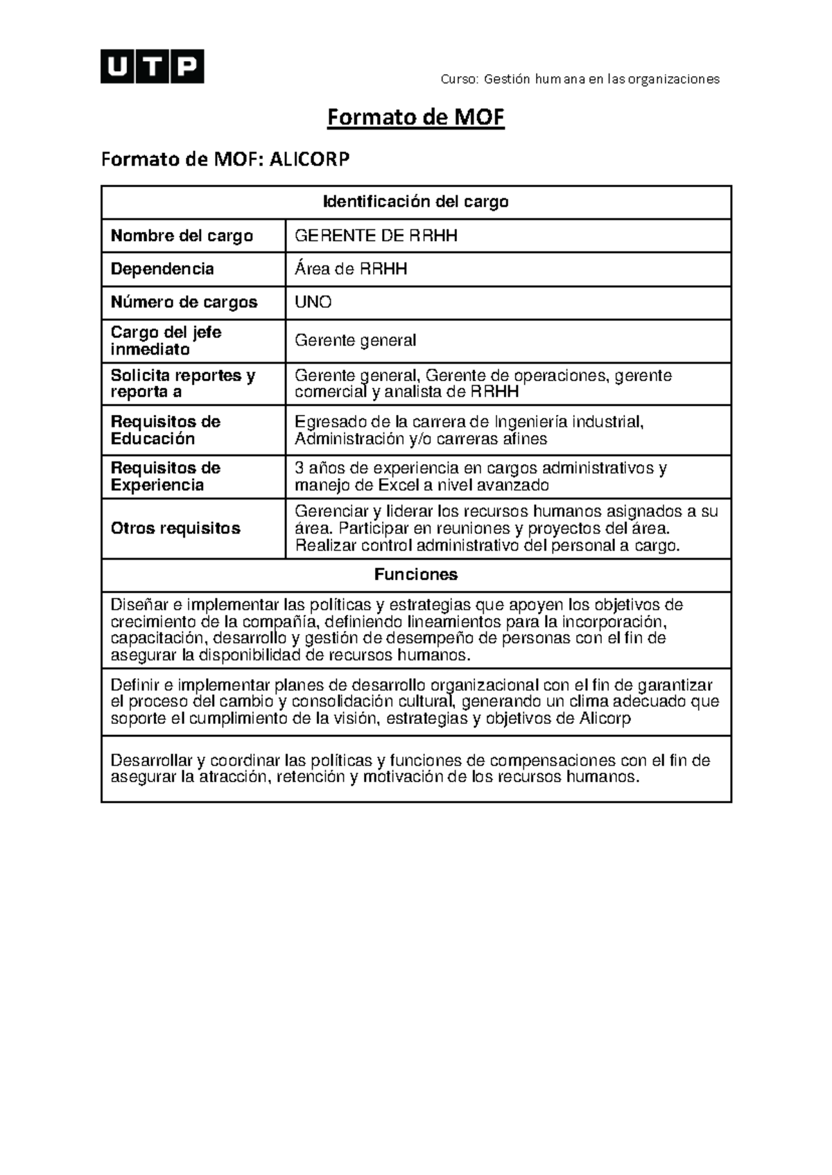 Formato de MOF para el Cargo de Gerente de RRHH - Gestión Humana - Studocu