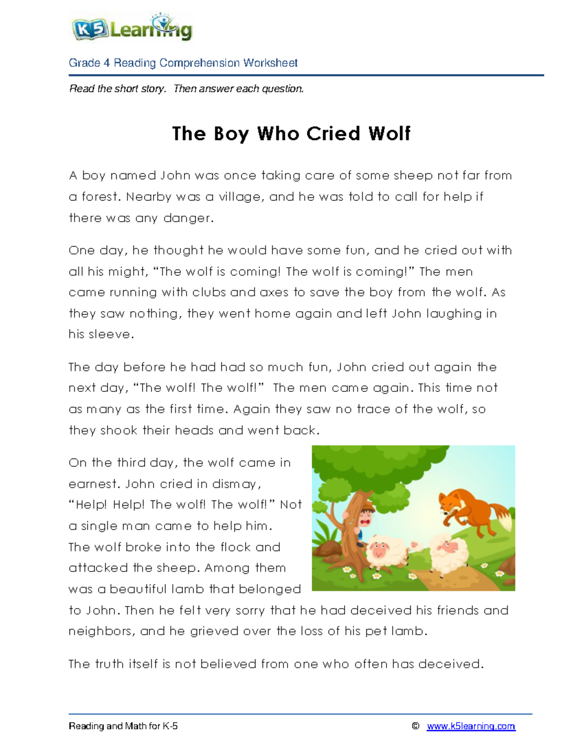 Grade 4 Reading Comprehension: The Boy Who Cried Wolf Worksheet - Studocu