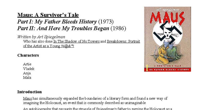 Maus A Survivor’s Tale: Insights and Analysis of Parts I & II - Studocu