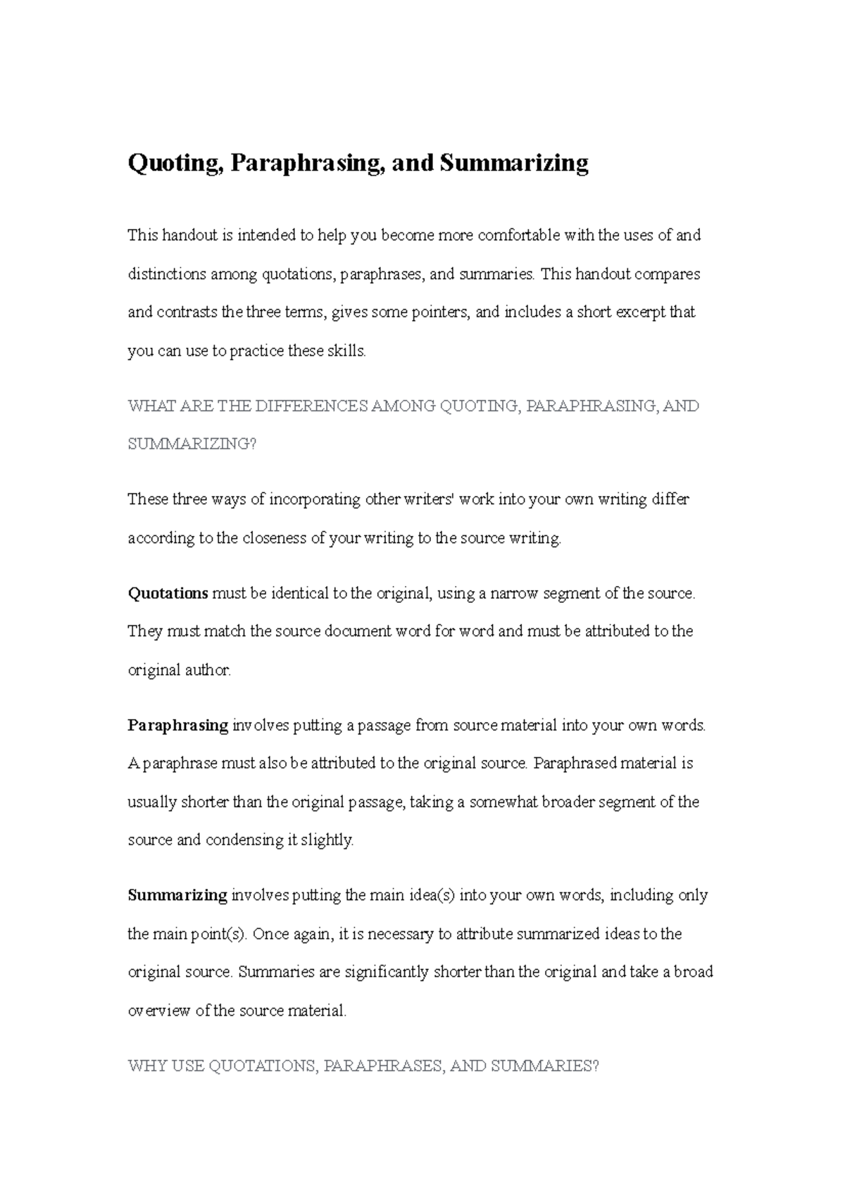 ENG 101: Unit 1 Readings on Quoting, Paraphrasing, & Summarizing - Studocu