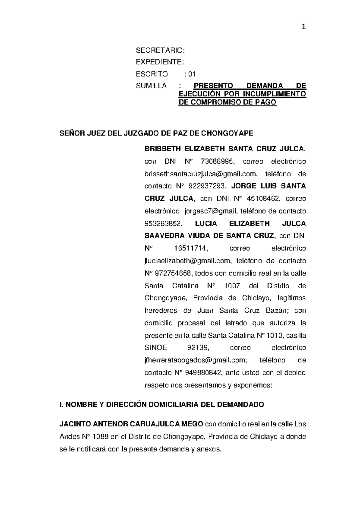 Demanda de Ejecución de Compromiso de Pago - Proceso Civil - Studocu