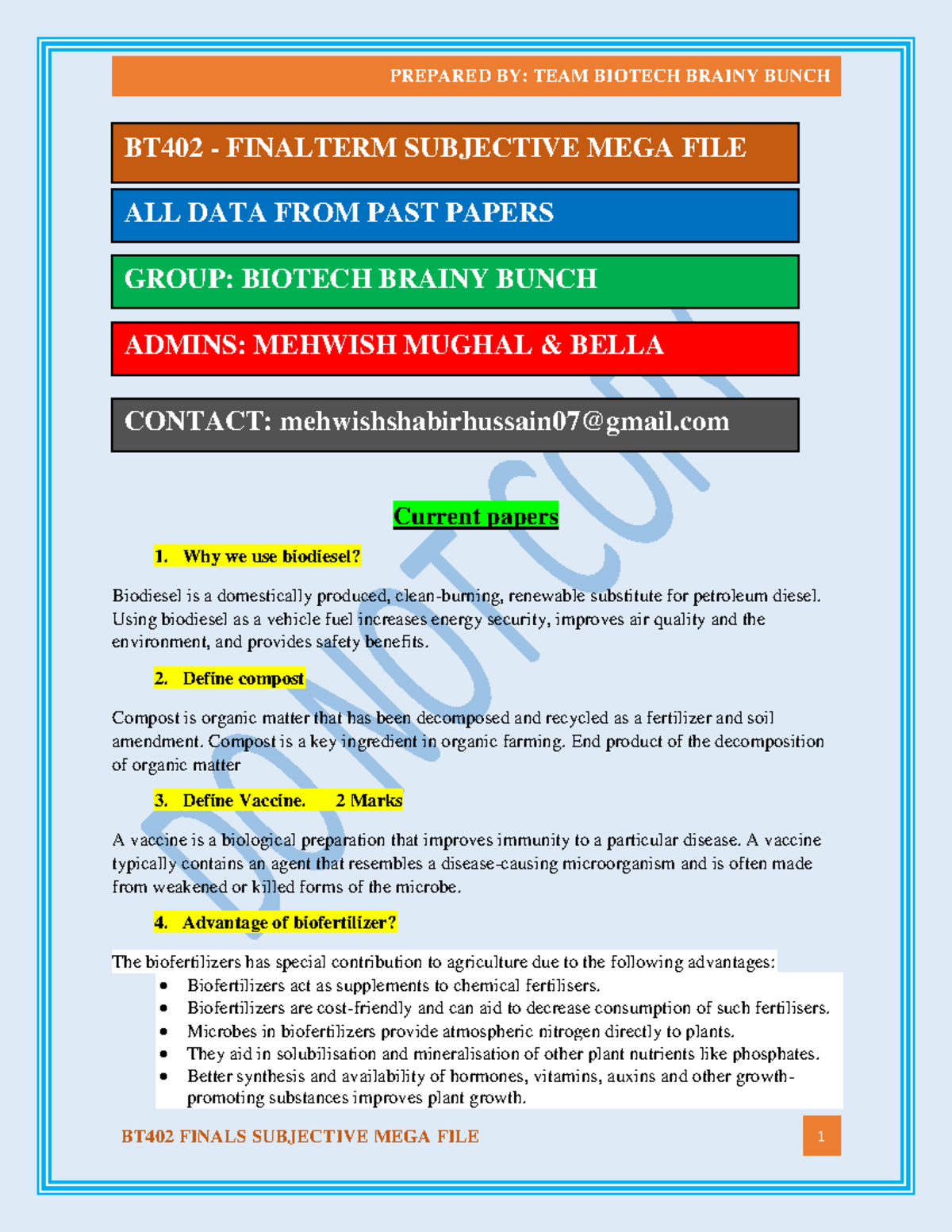BT402 Finalterm Comprehensive Study Guide by Biotech Brainy Bunch - Studocu
