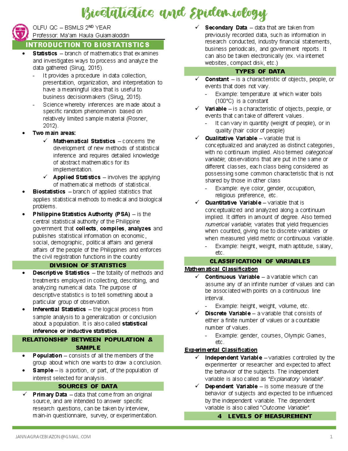 Biostatistics & Epidemiology OLFU QC BSMLS 2ND YEAR Lecture Notes - Studocu