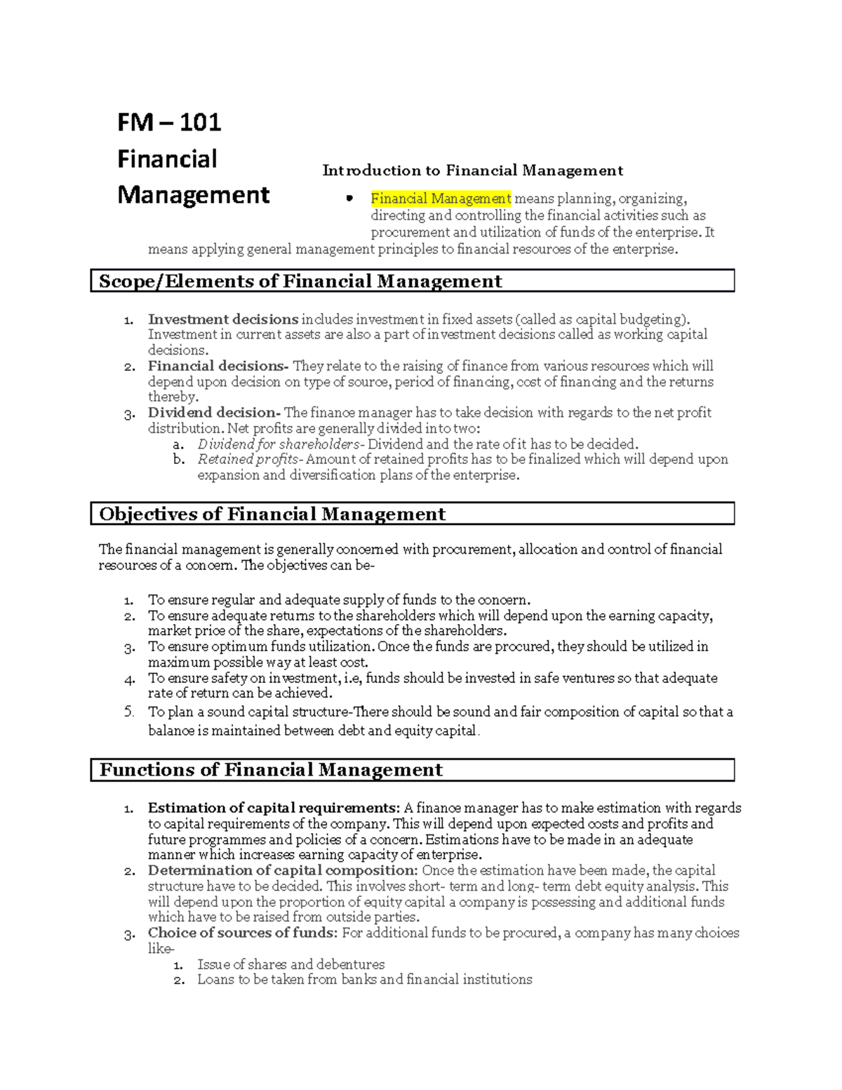 FM 101 - Comprehensive Lesson on Financial Management Concepts - Studocu