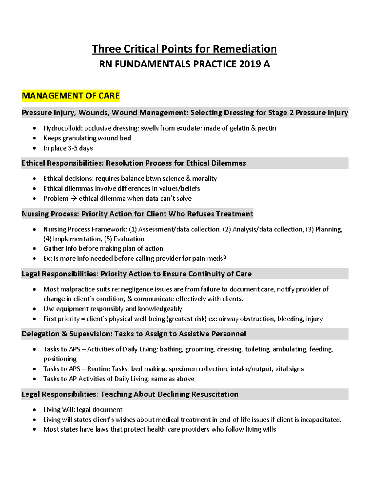 RN FUNDAMENTALS PRACTICE 2019 A: Three Critical Points for Remediation ...