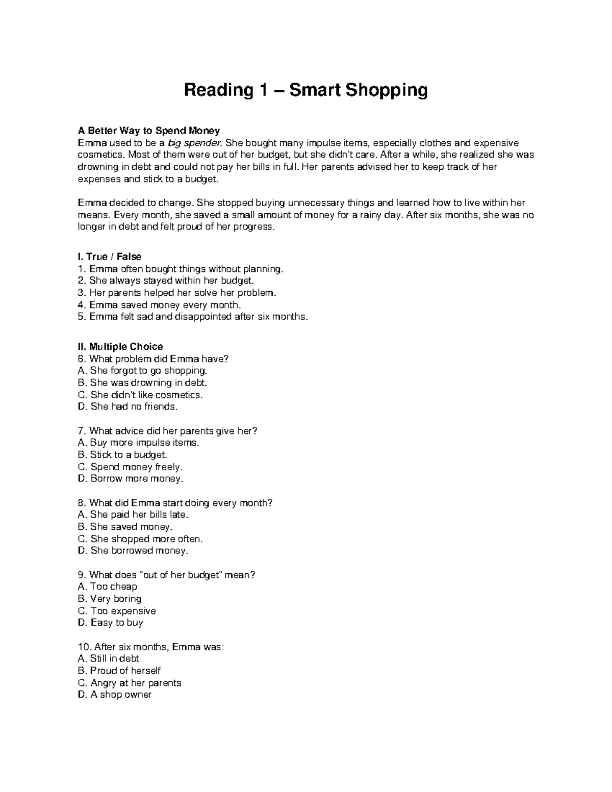 Reading 1: Smart Shopping and Spending Wisely - Studocu