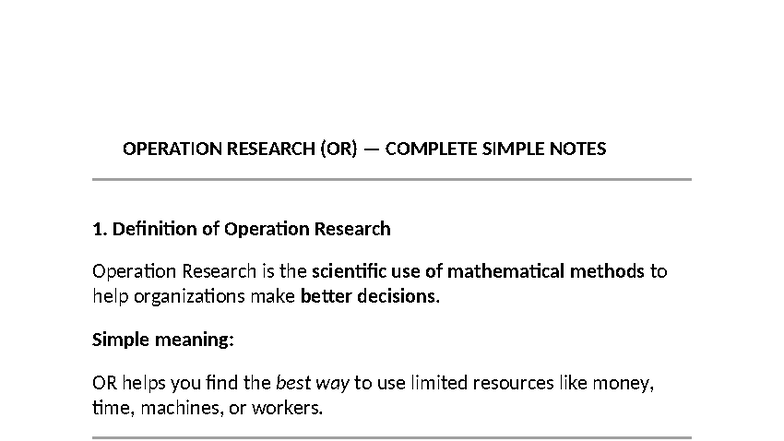 Operation Research (OR) Comprehensive Study Notes - Studocu