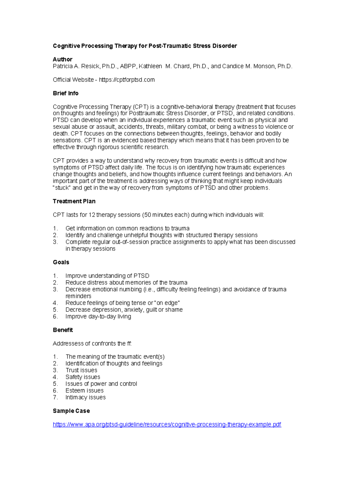 CPT and CBT Approaches for PTSD and Depression Treatment - Studocu