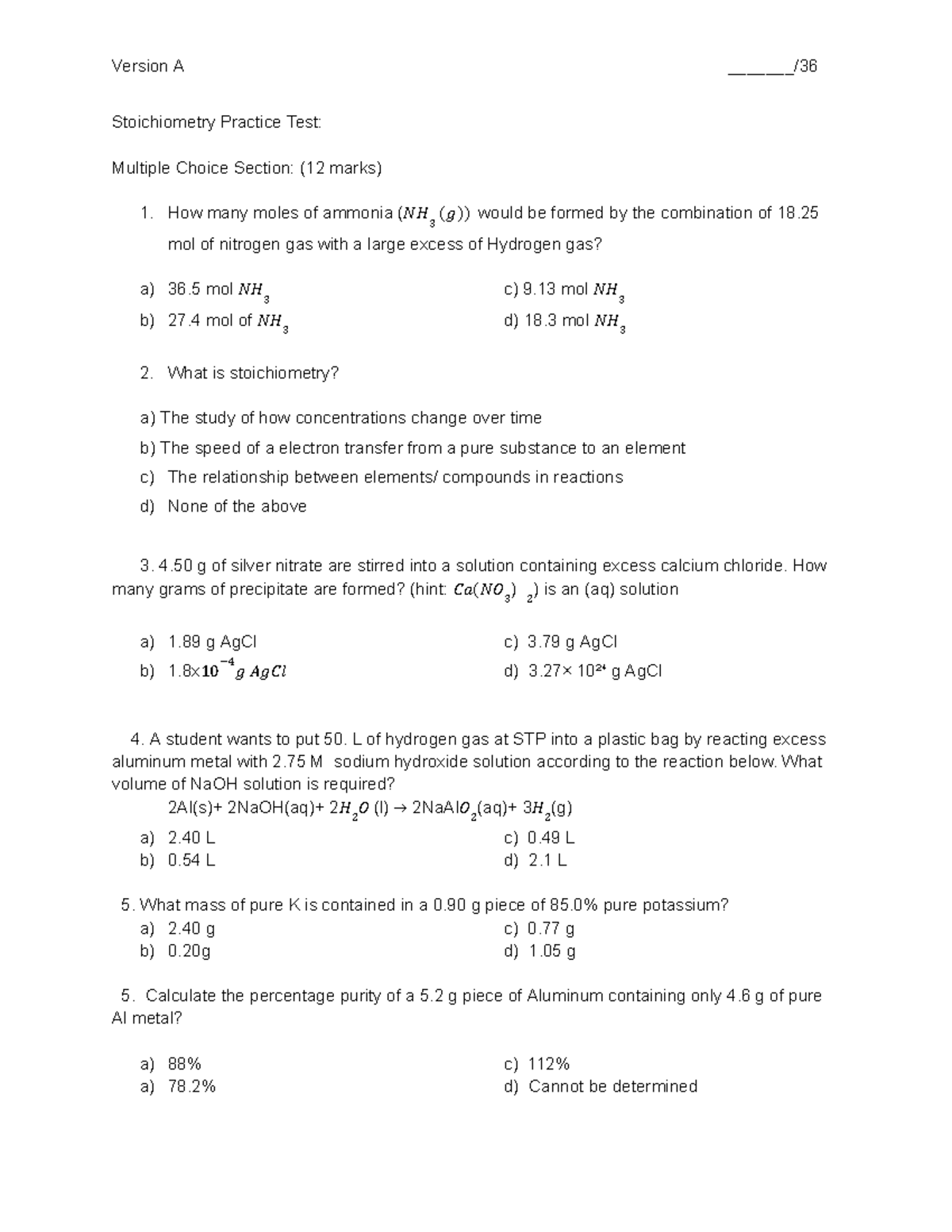 Stoichiometry Practice Test: Version A (12 Marks) - Studocu