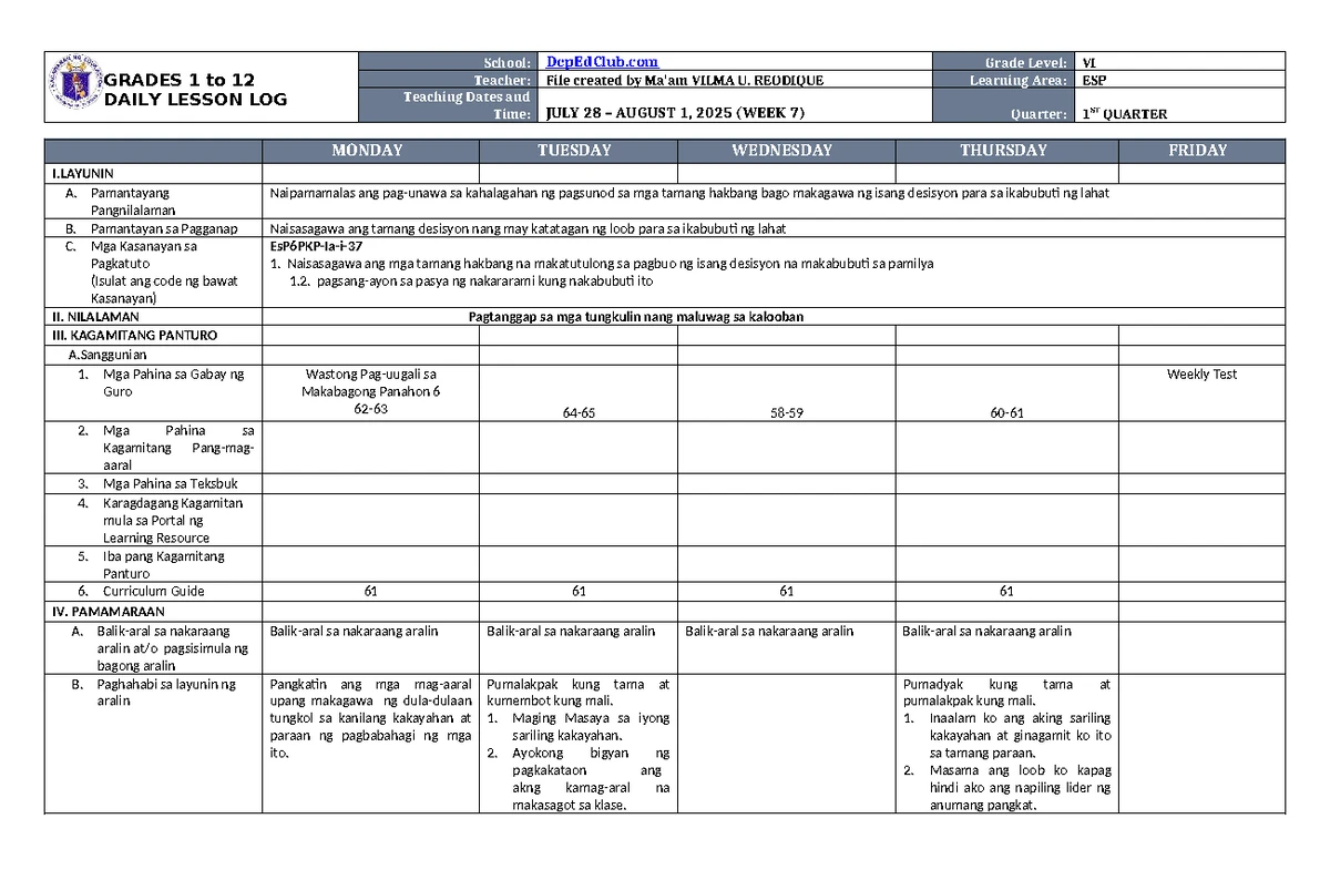DLL Filipino 6 Q1 W7: Daily Lesson Log for Week 7 - Studocu