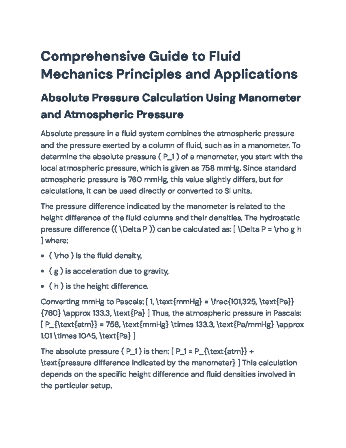 Comprehensive Study Guide on Fluid Mechanics (ENGR 101) and Pressure ...