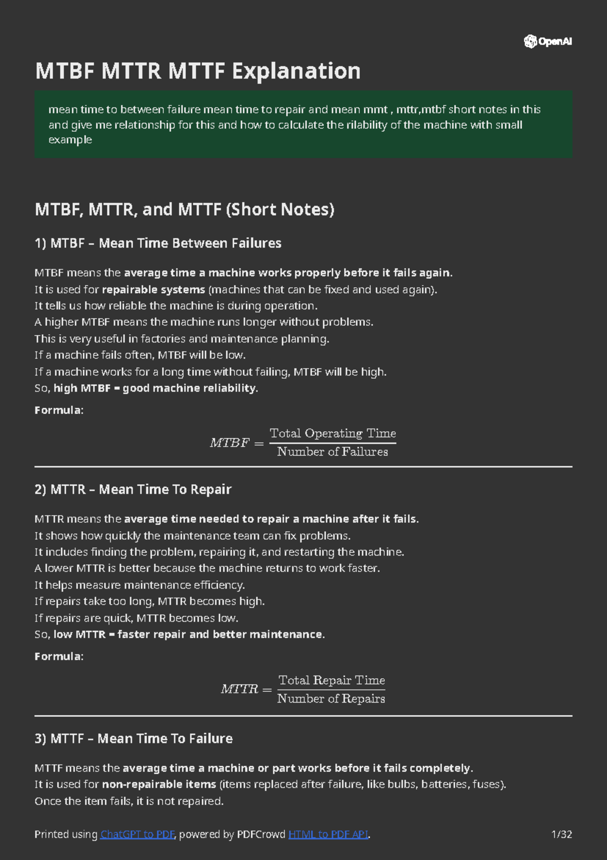 MTBF, MTTR, MTTF Explained: Reliability and Maintenance Insights - Studocu