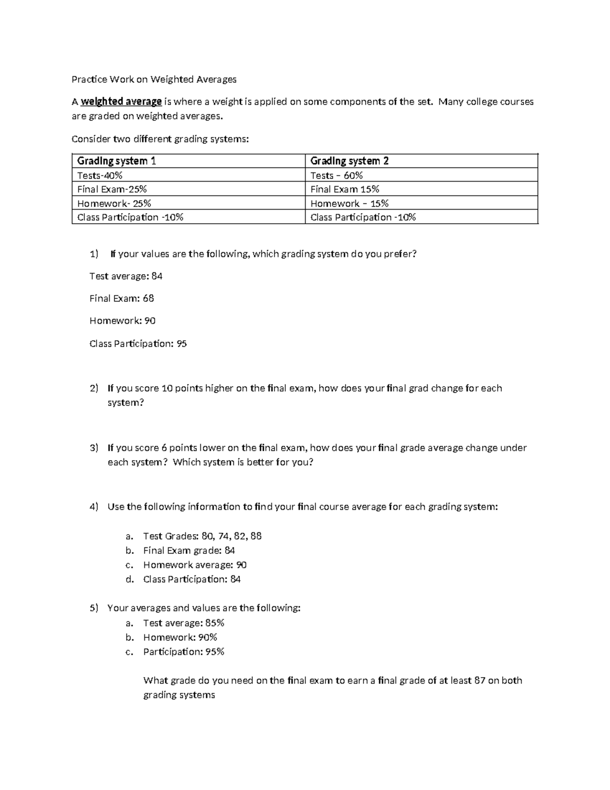 Weighted Averages Practice Work for Grading Systems Analysis - Studocu