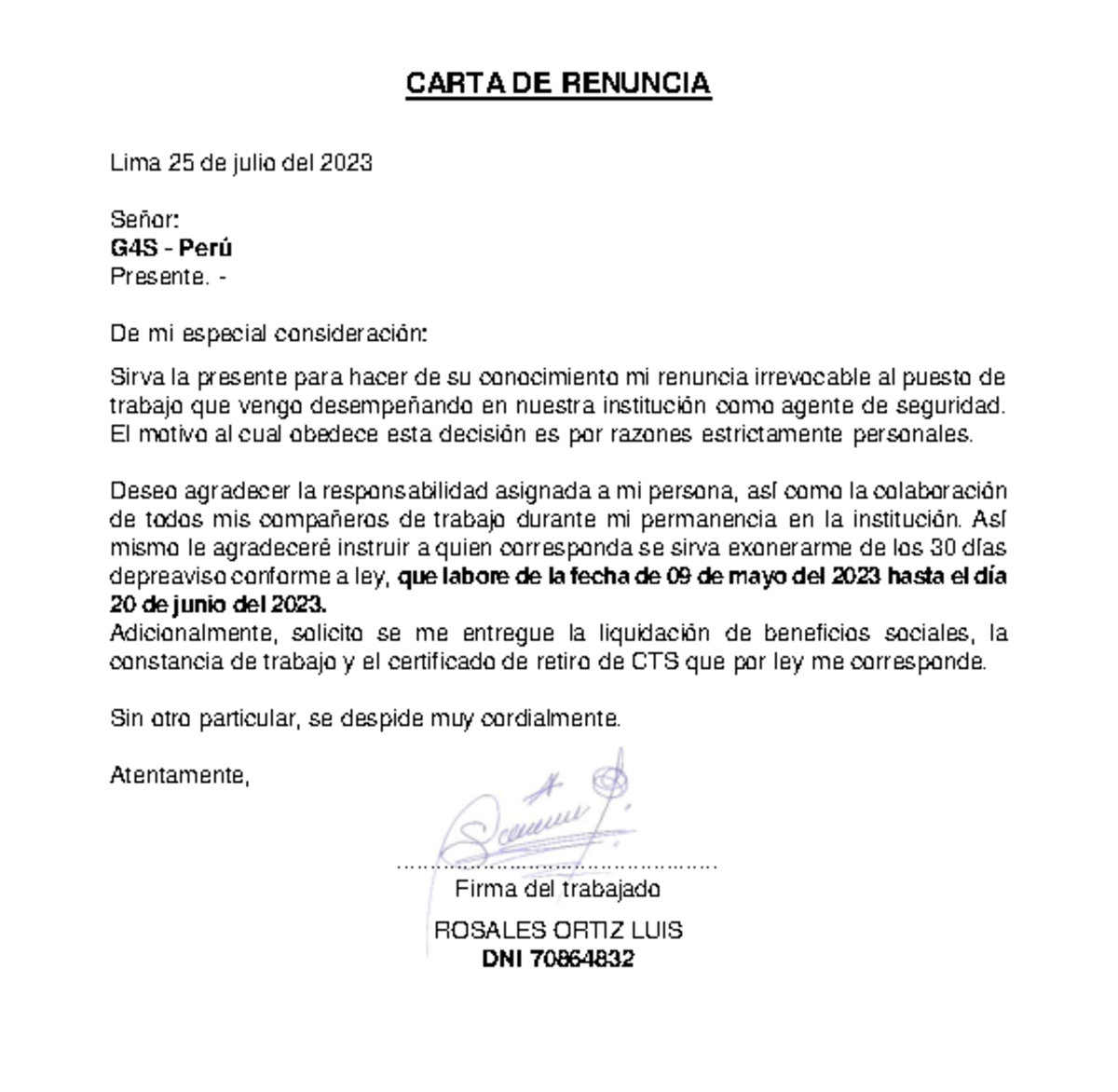 Carta de Renuncia Irrevocable - G4S Perú - 25 julio 2023 - Studocu
