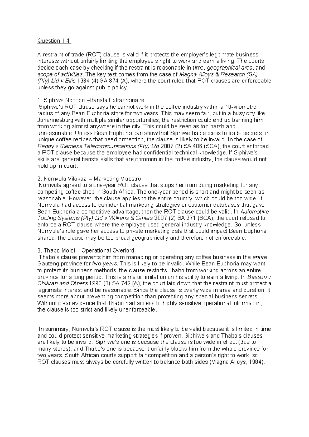Commercial Law - Assignment on Restraint of Trade & Contract Principles ...