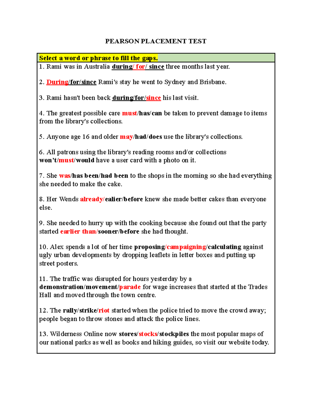 PEARSON PLACEMENT TEST Exam 02 - Fill in the Gaps Practice - Studocu