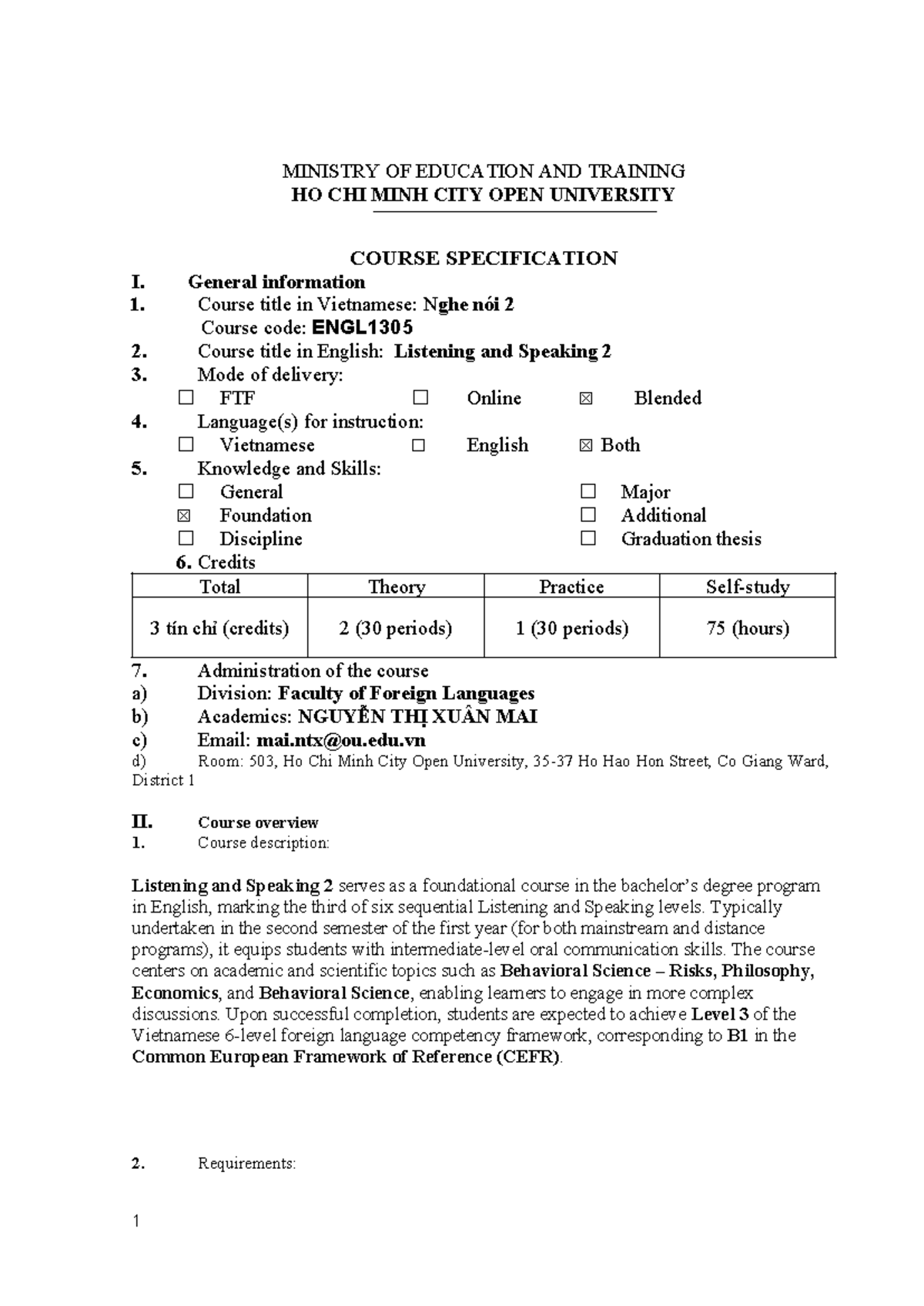 ENGL1305 Listening and Speaking 2 Course Overview and Requirements ...