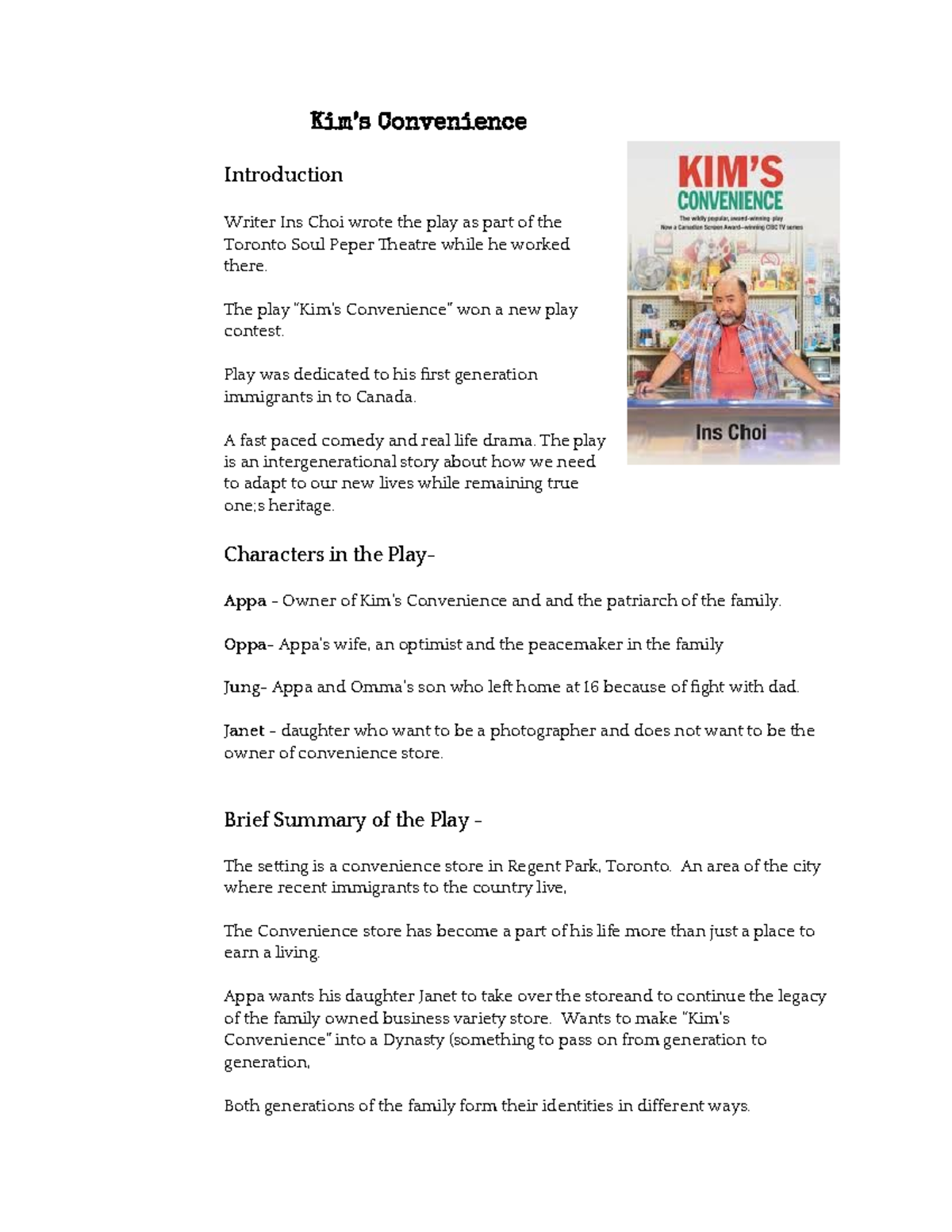KIM 101: Pre-Reading Activity for "Kim's Convenience" Play Analysis ...