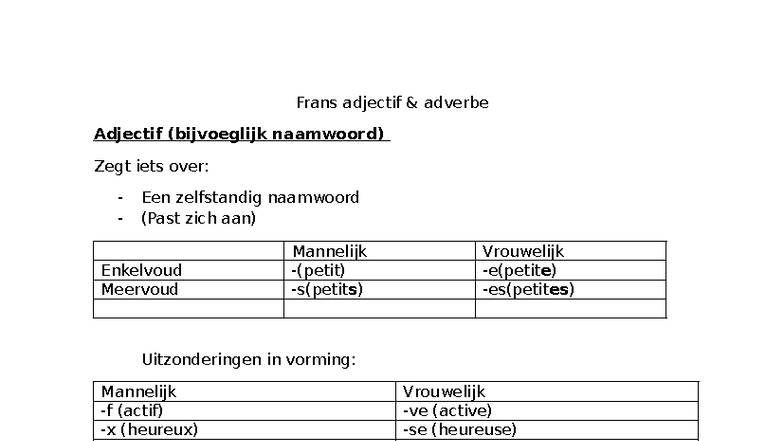 Frans Adjectief & Adverbe: Uitleg en Voorbeelden - Studocu