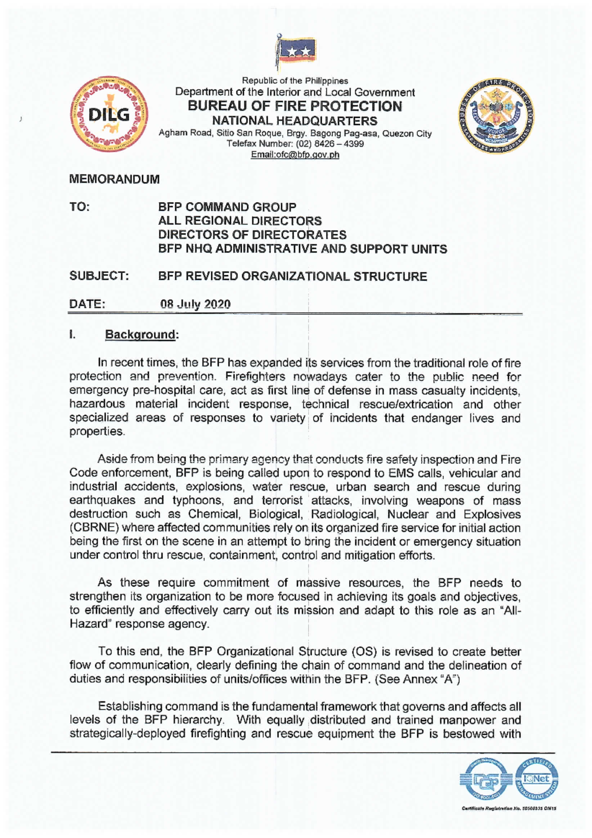 BFP Revised Organizational Structure Memo - Updated 2020 Guidelines ...