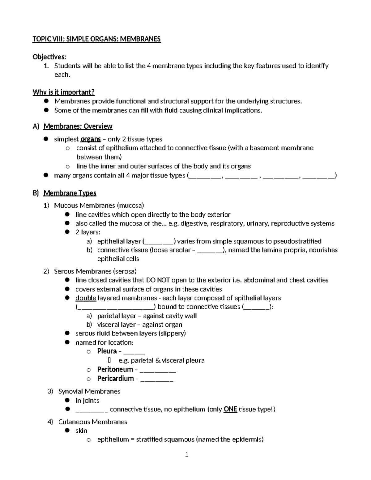 TOPIC VIII: Membranes - Types & Functions of Simple Organs - Studocu