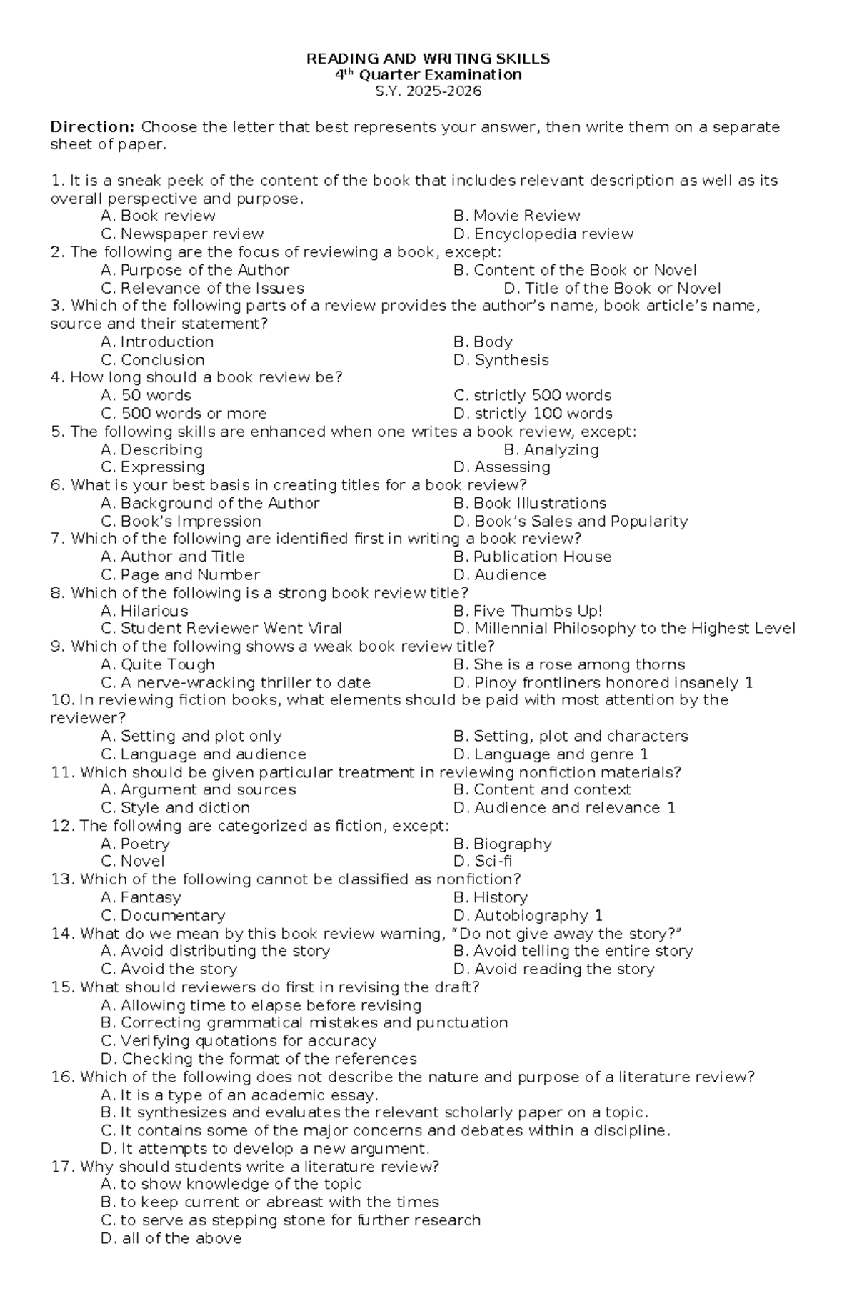 ENGLISH FOR ACADEMIC AND PROFESSIONAL PURPOSES 4th Quarter Exam ...