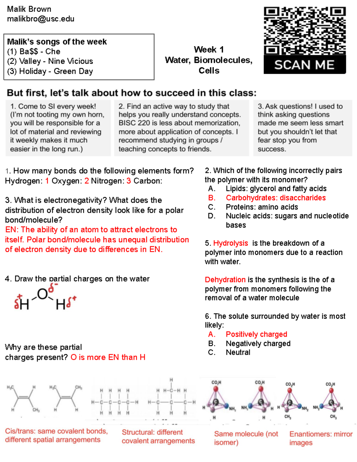 Week 1 SI Sheet Key: Water, Biomolecules, and Cells - Studocu