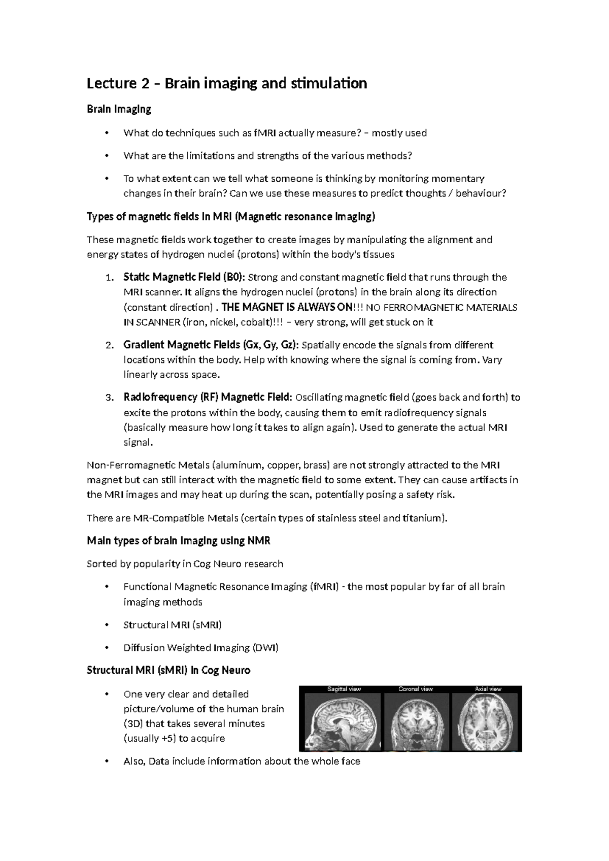 Lecture 2 - Brain Imaging Techniques and Stimulation Methods in ...