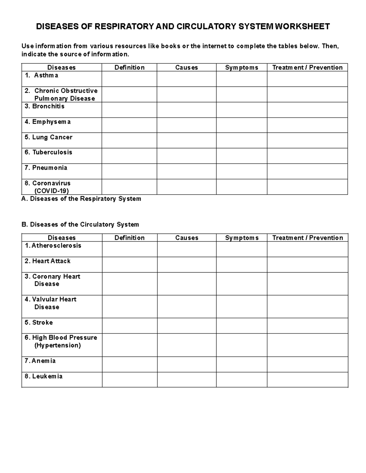 Diseases OF Respiratory AND Circulatory System Worksheet 2 - DISEASES ...