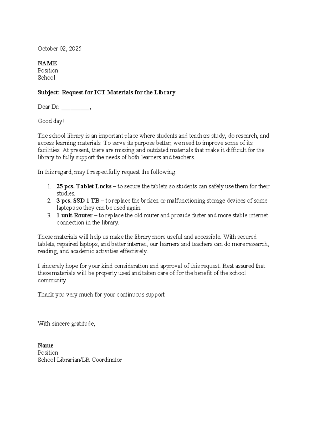 Request for ICT Materials for Library Improvement - Studocu