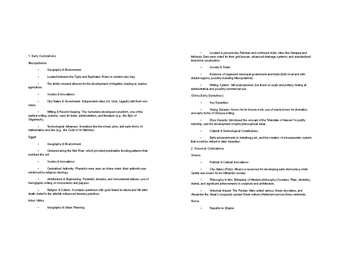 HIST 101: Early Civilizations & Major Religions Overview Notes - Studocu