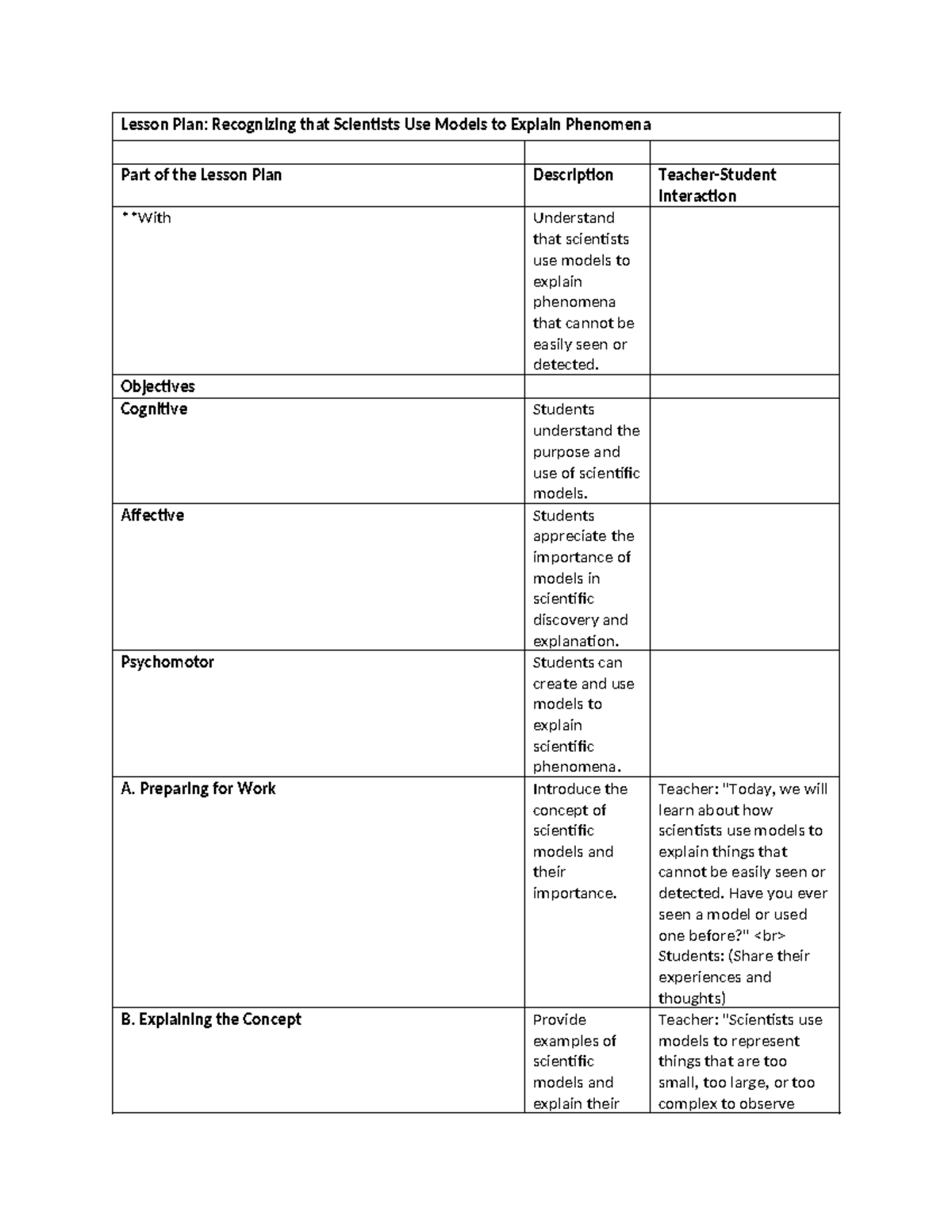 DLP 1-1 - Daily Lesson Log: Understanding Scientific Models in Class ...