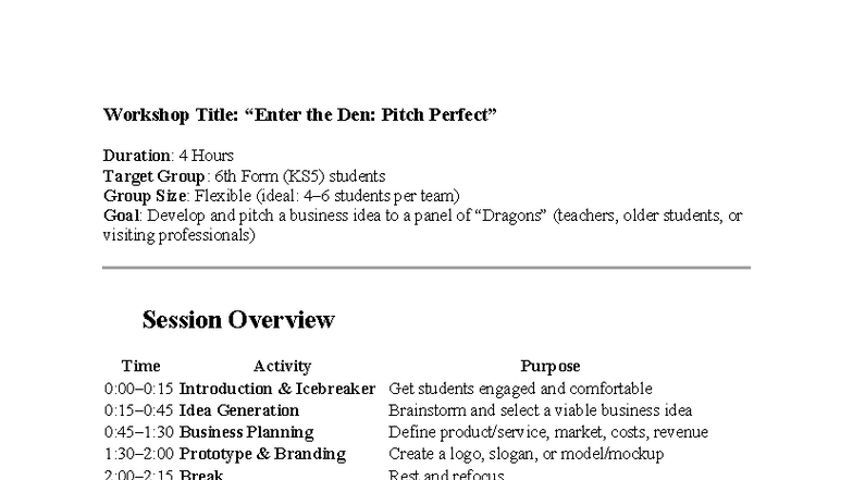 Dragons' Den Project: Pitching Business Ideas for KS5 Students - Studocu